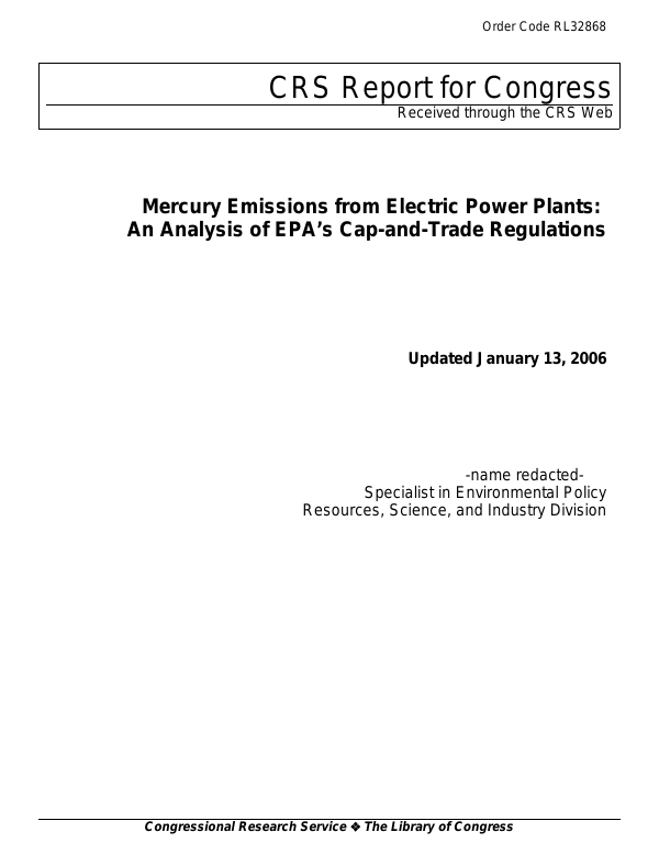 Mercury Emissions from Electric Power Plants: An Analysis of EPA's Cap ...