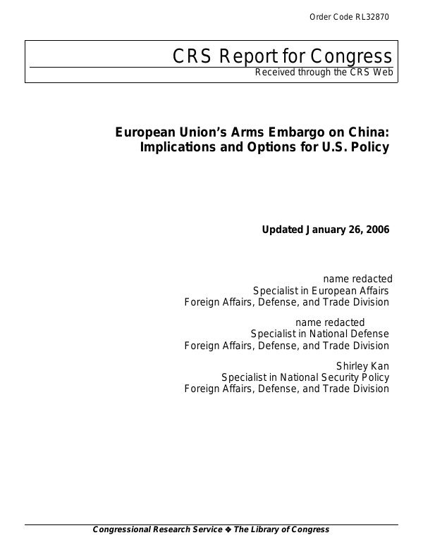 European Union's Arms Embargo on China: Implications and Options for U ...