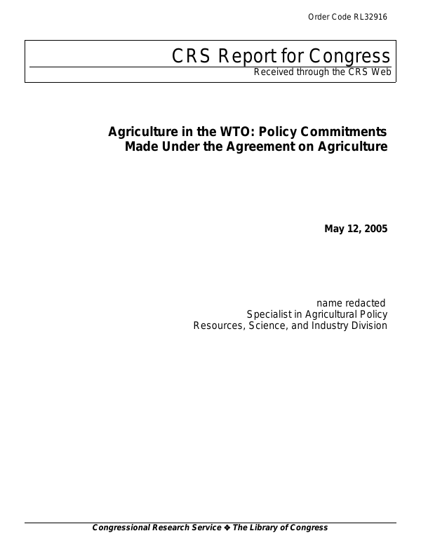 Agriculture in the WTO: Policy Commitments Made Under the Agreement on ...