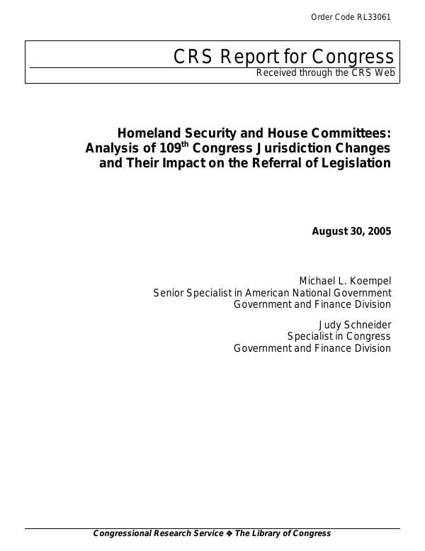 Homeland Security and House Committees: Analysis of 109th Congress ...