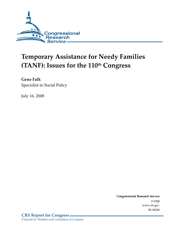 Temporary Assistance for Needy Families (TANF): Issues for the 110th ...