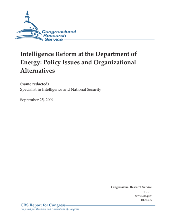 Intelligence Reform at the Department of Energy: Policy Issues and ...