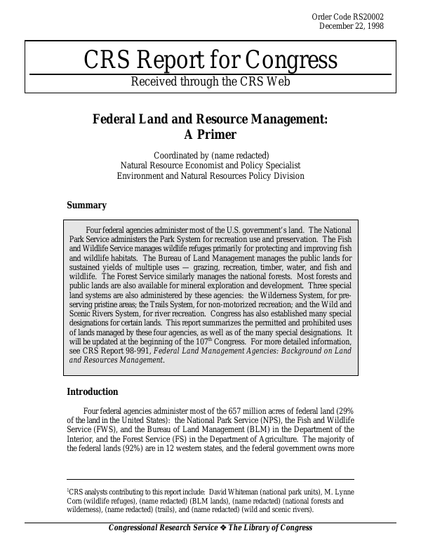 Federal Land and Resource Management: A Primer - EveryCRSReport.com