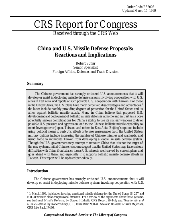 China and U.S. Missile Defense Proposals: Reactions and Implications ...