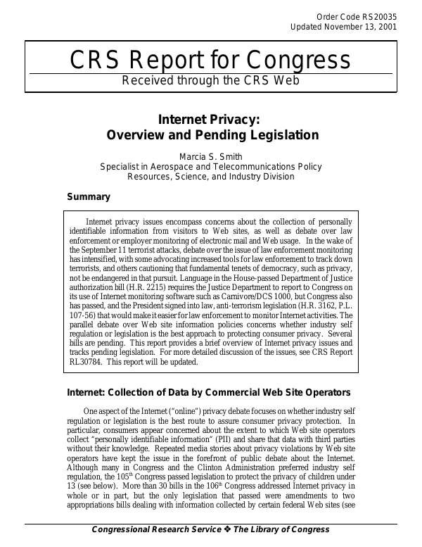 Internet Privacy: Overview and Pending Legislation - EveryCRSReport.com