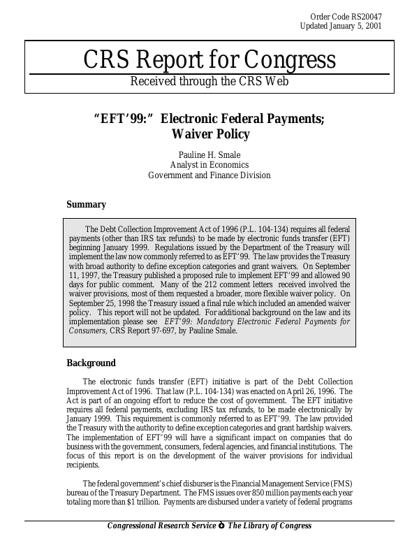 “EFT’99:” Electronic Federal Payments; Waiver Policy - EveryCRSReport.com