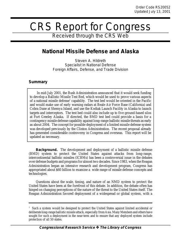 National Missile Defense and Alaska - EveryCRSReport.com