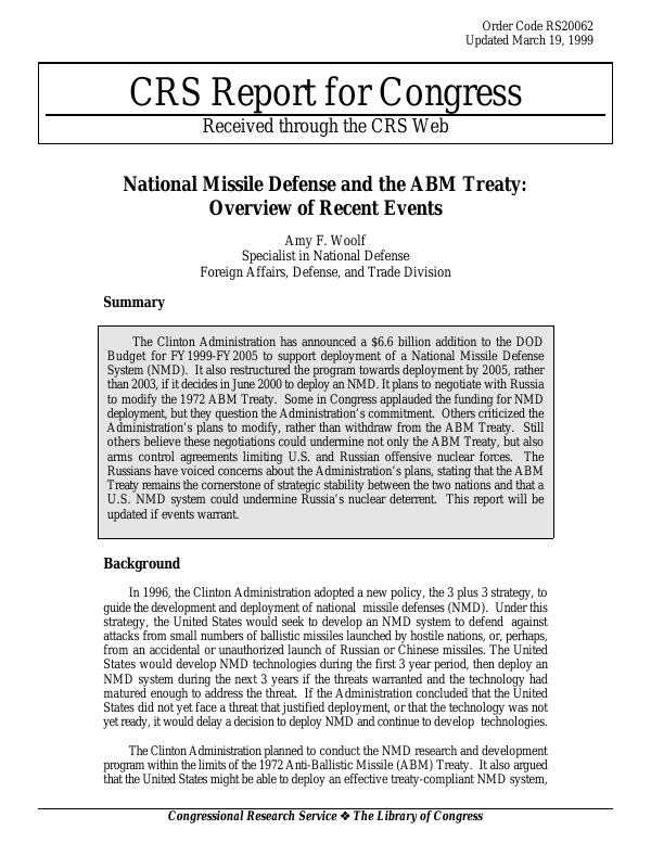 National Missile Defense and the ABM Treaty: Overview of Recent Events ...