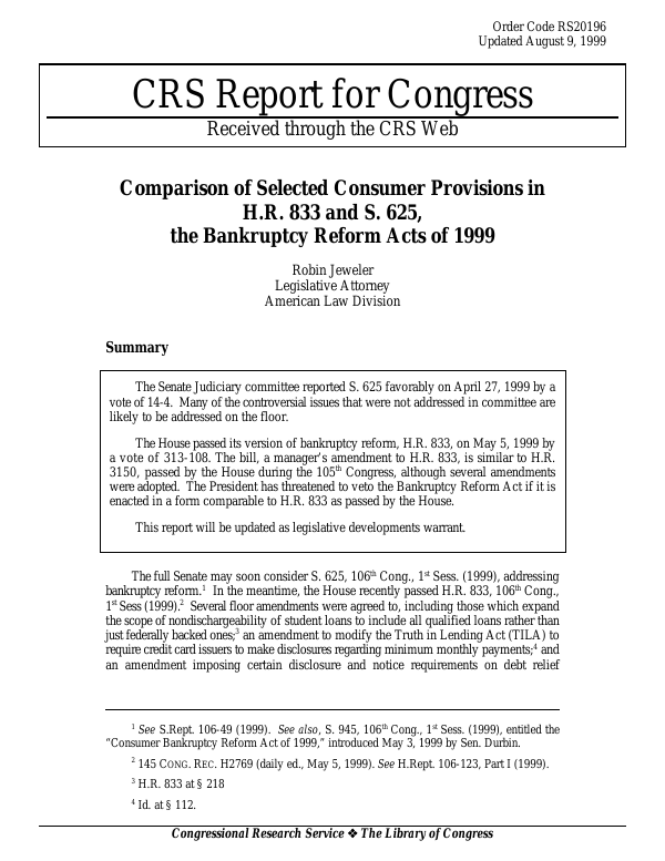 Comparison of Selected Consumer Provisions in H.R. 833 and S. 625, the ...