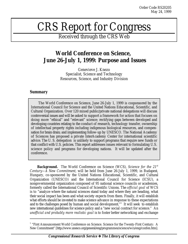 World Conference on Science, June 26-July 1, 1999: Purpose and Issues ...