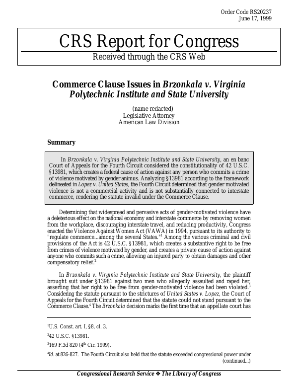 Commerce Clause Issues in Brzonkala v. Virginia Polytechnic Institute ...