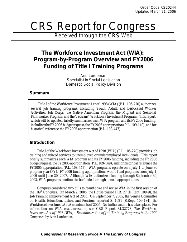 The Workforce Investment Act (WIA): Program-by-Program Overview and ...