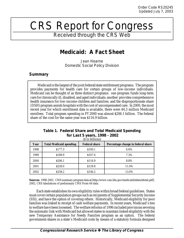Medicaid: A Fact Sheet - EveryCRSReport.com