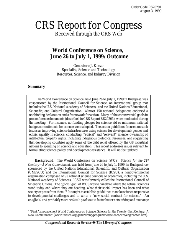 World Conference on Science, June 26 to July 1, 1999: Outcome ...