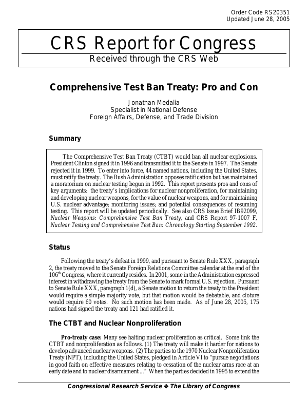 Comprehensive Test Ban Treaty: Pro and Con - EveryCRSReport.com