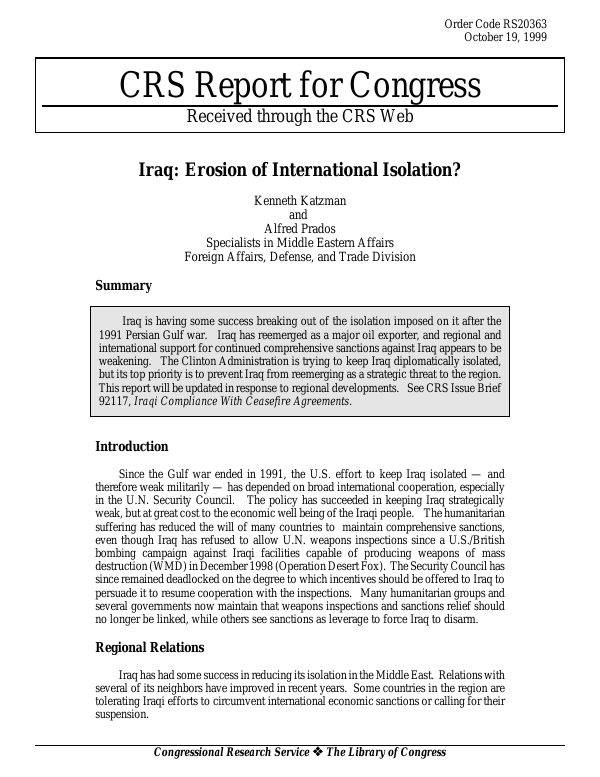 Iraq: Erosion of International Isolation? - EveryCRSReport.com