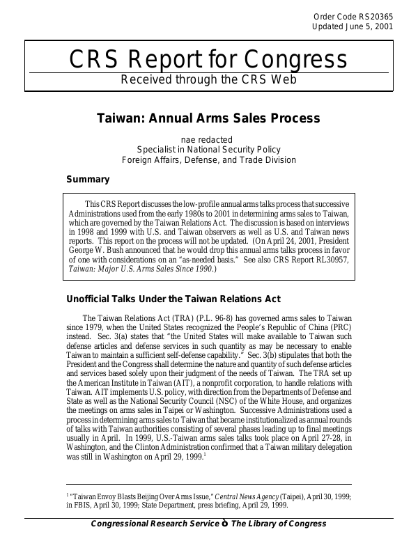 Taiwan: Annual Arms Sales Process - EveryCRSReport.com