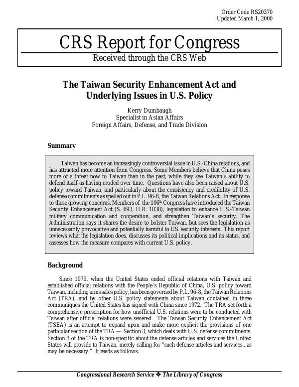 The Taiwan Security Enhancement Act and Underlying Issues in U.S ...