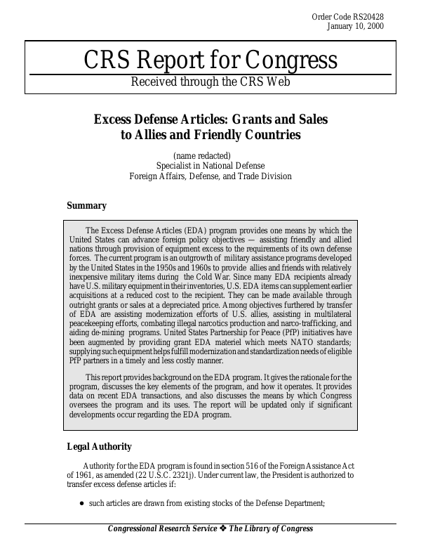 Excess Defense Articles: Grants and Sales to Allies and Friendly ...
