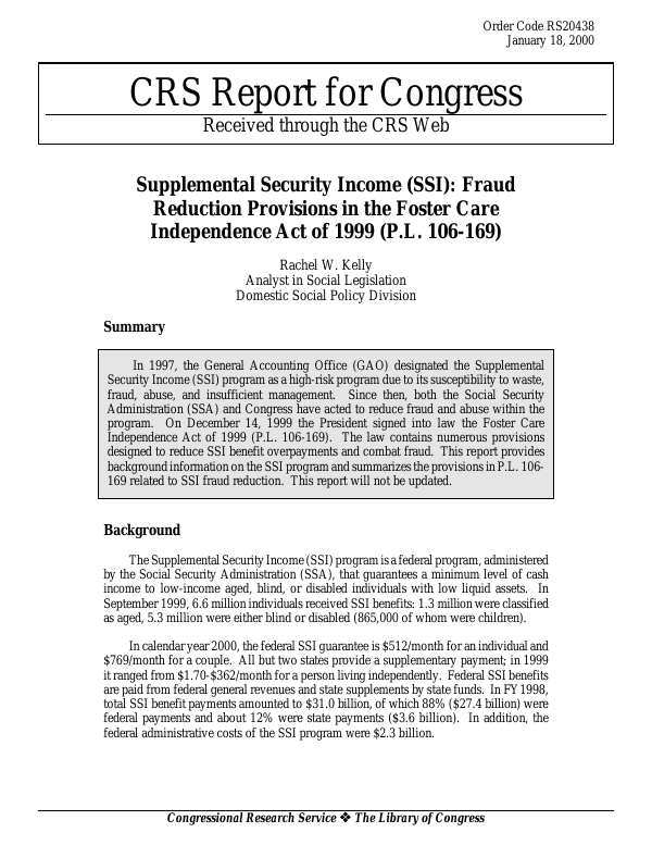 Supplemental Security Income (SSI): Fraud Reduction Provisions in the ...