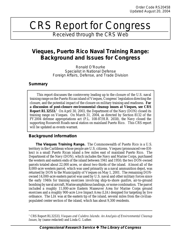 Vieques, Puerto Rico Naval Training Range: Background and Issues for ...