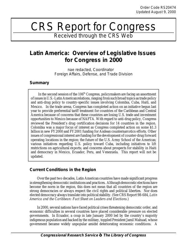 Latin America: Overview of Legislative Issues for Congress in 2000 ...