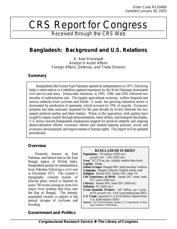 Bangladesh: Background and U.S. Relations - EveryCRSReport.com