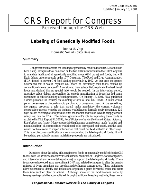 Labeling of Genetically Modified Foods - EveryCRSReport.com