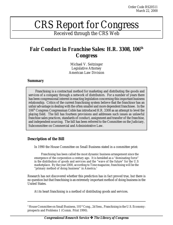 Fair Conduct in Franchise Sales: H.R. 3308, 106th Congress ...