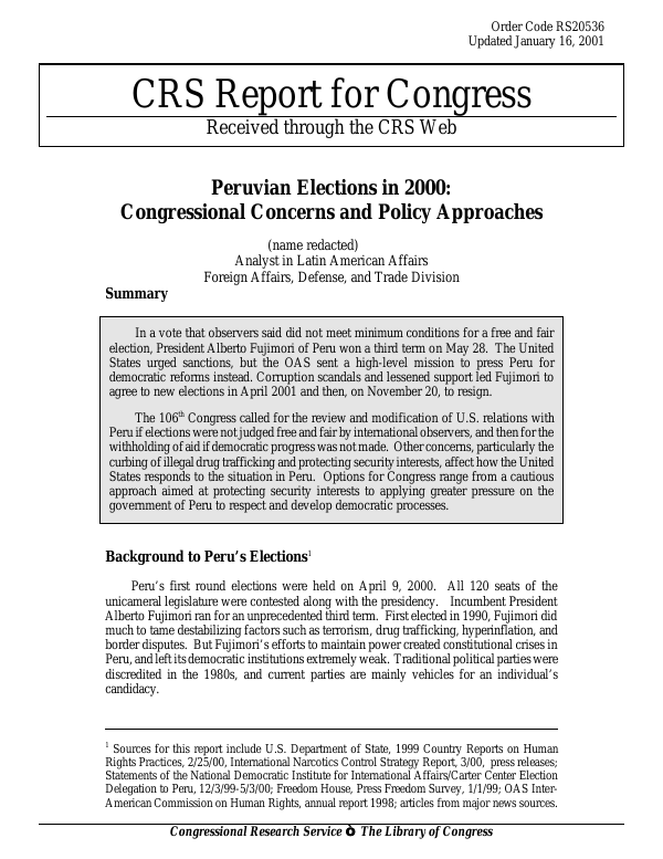 Peruvian Elections in 2000: Congressional Concerns and Policy ...