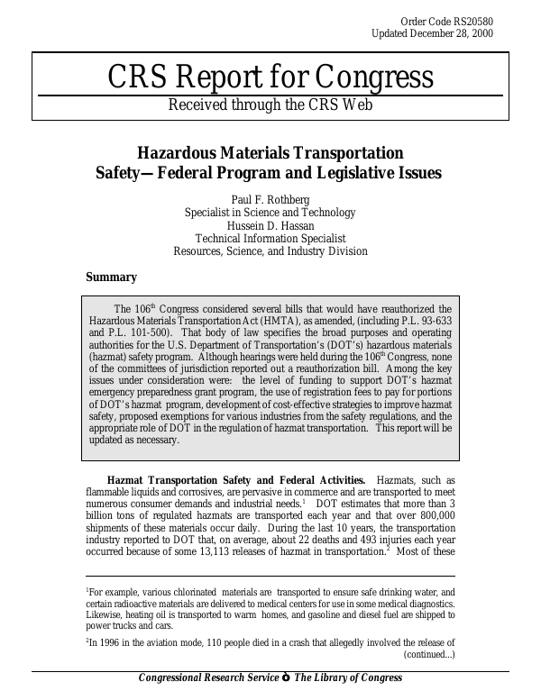 Hazardous Materials Transportation Safety - Federal Program and ...