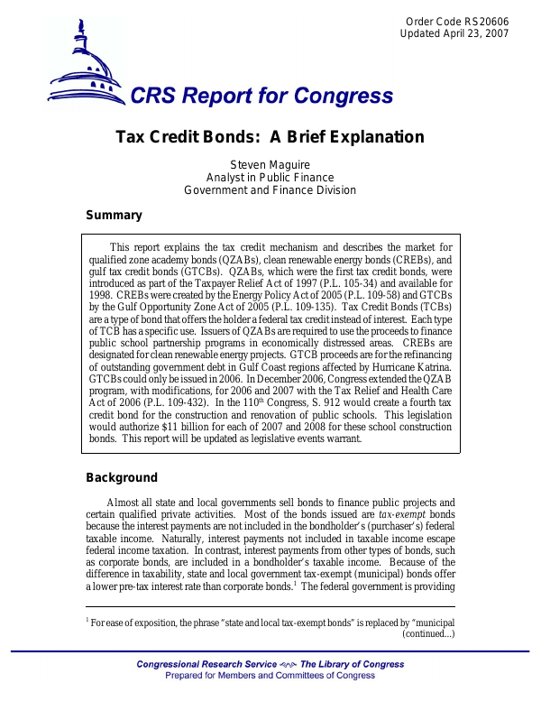 Tax Credit Bonds: A Brief Explanation - EveryCRSReport.com