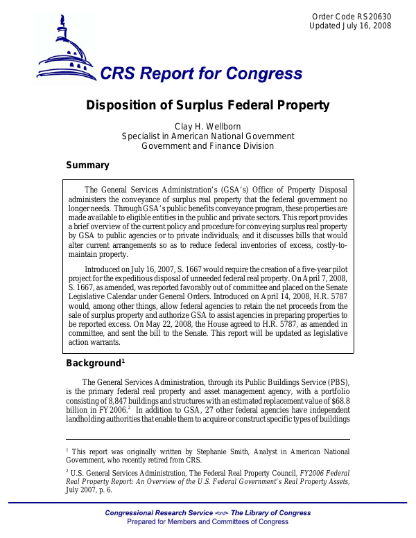 Disposition of Surplus Federal Property - EveryCRSReport.com