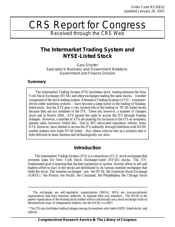 The Intermarket Trading System and NYSE-Listed Stock - EveryCRSReport.com