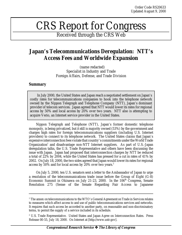 Japan's Telecommunications Deregulation: NTT's Access Fees and ...