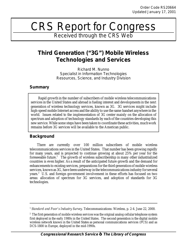 Third Generation ("3G") Mobile Wireless Technologies and Services ...