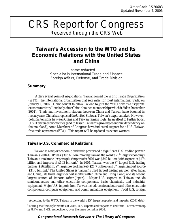 Taiwan's Accession to the WTO and Its Economic Relations with the ...