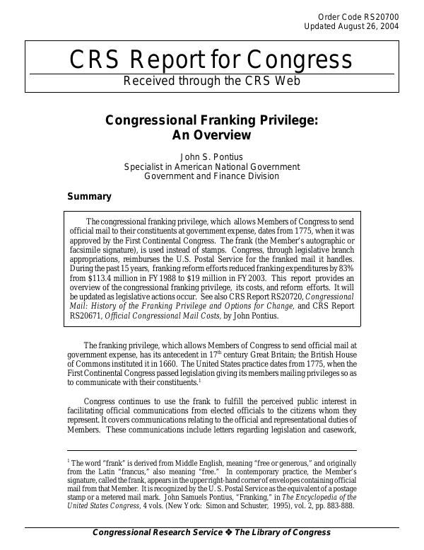Congressional Franking Privilege: An Overview - EveryCRSReport.com
