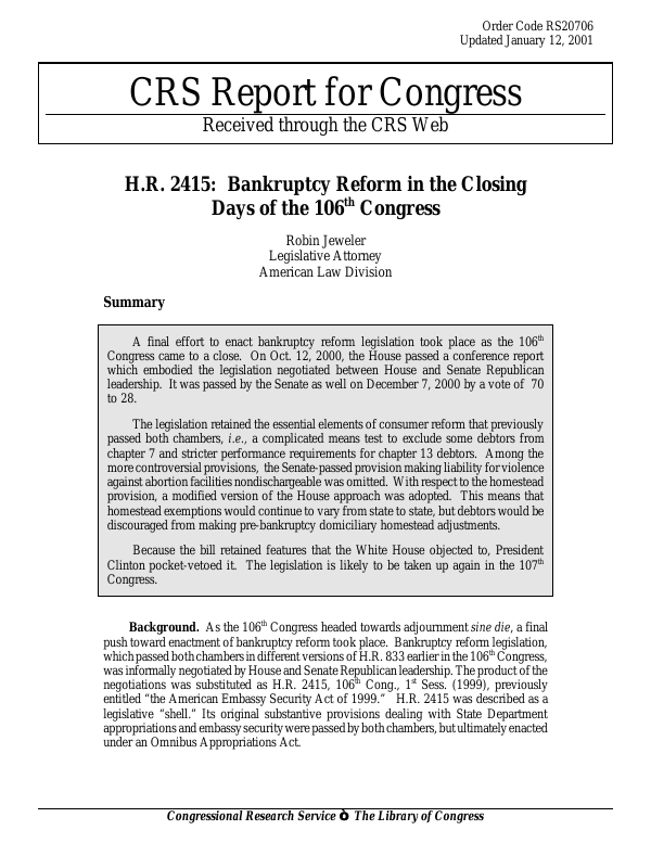 H.R. 2415: Bankruptcy Reform in the Closing Days of the 106th Congress ...