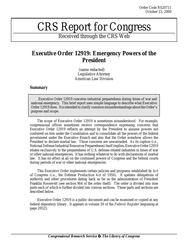 Executive Order 12919: Emergency Powers of the President ...