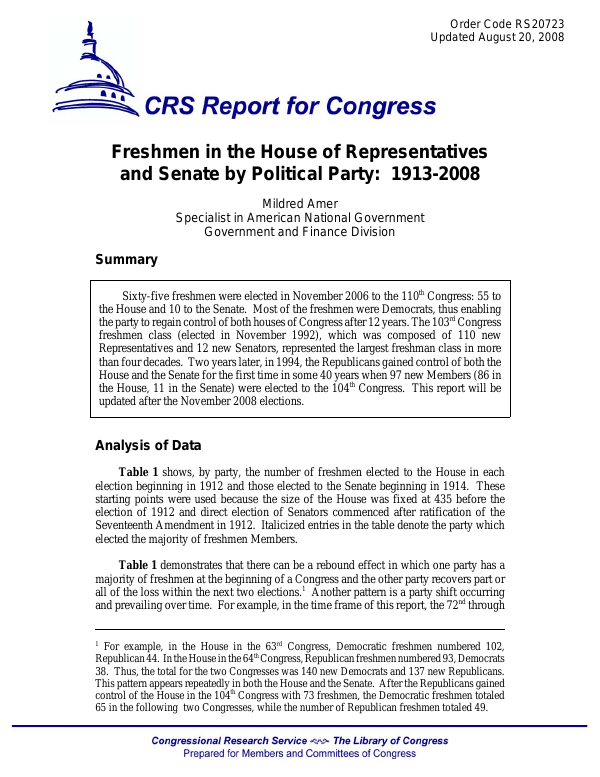 Freshmen in the House of Representatives and Senate by Political Party ...
