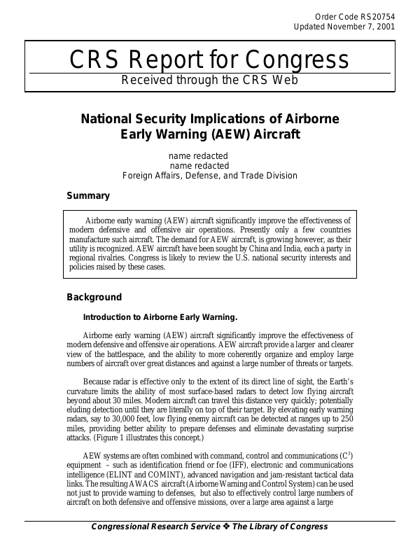 National Security Implications of Airborne Early Warning (AEW) Aircraft ...
