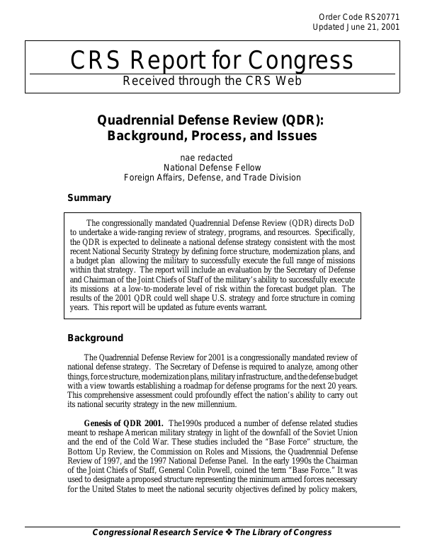 Quadrennial Defense Review (QDR): Background, Process, and Issues ...