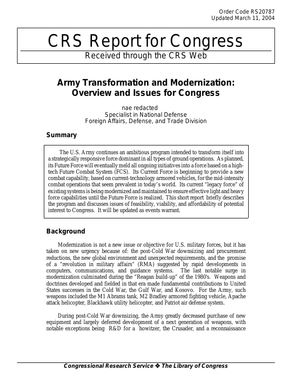 Army Transformation and Modernization: Overview and Issues for Congress ...