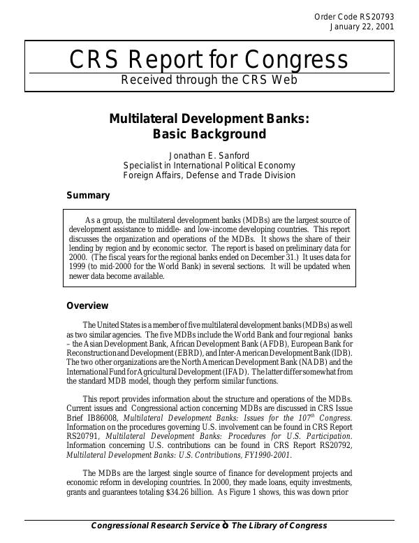 Multilateral Development Banks: Basic Background - EveryCRSReport.com