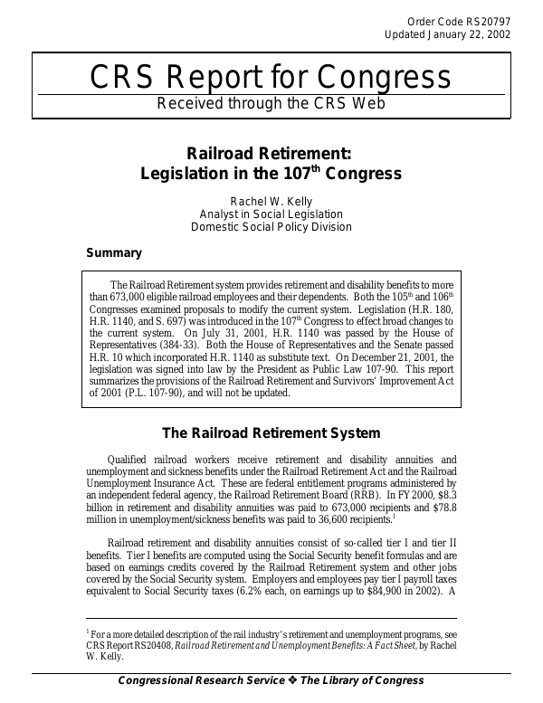 Railroad Retirement: Legislation in the 107th Congress - EveryCRSReport.com