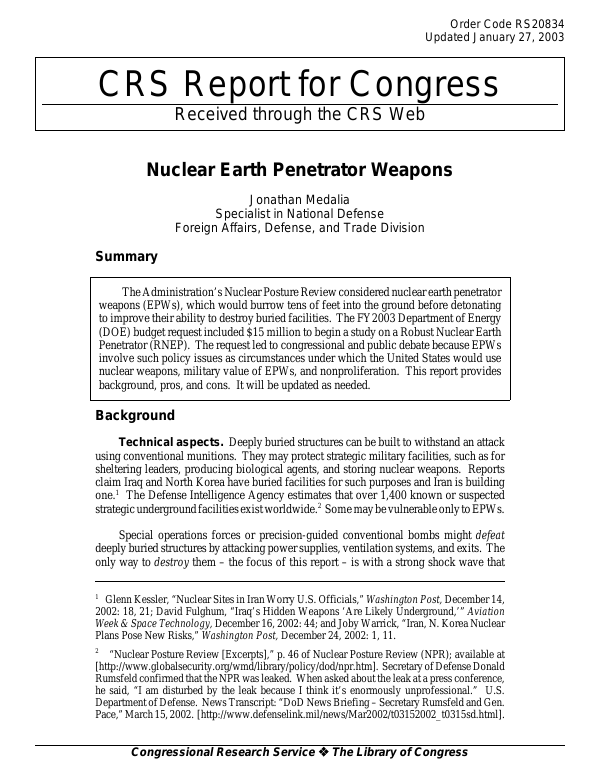 Nuclear Earth Penetrator Weapons - EveryCRSReport.com