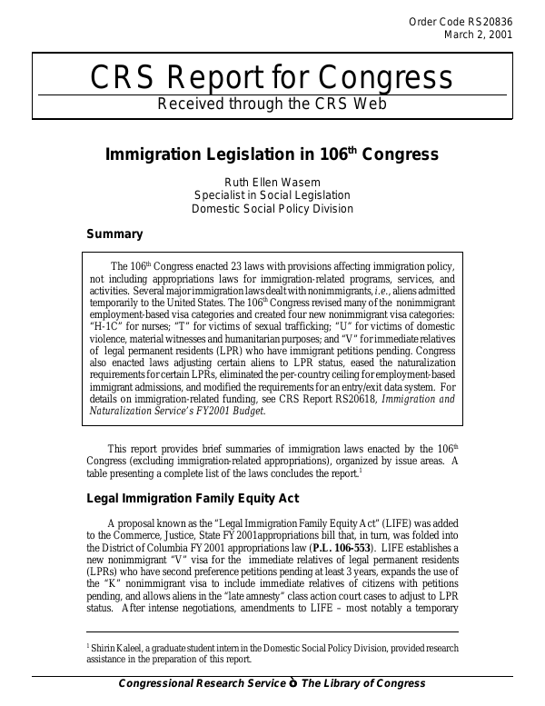 Immigration Legislation in 106th Congress - EveryCRSReport.com