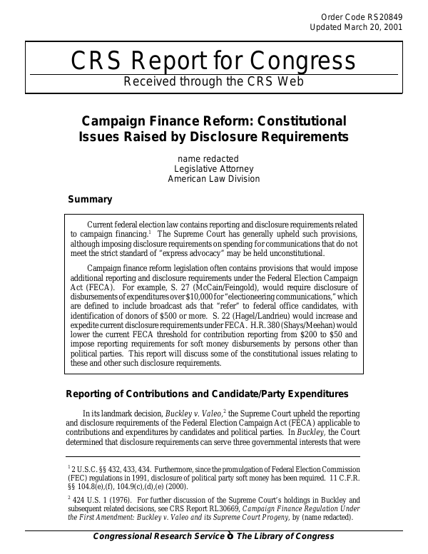 Campaign Finance Reform: Constitutional Issues Raised by Disclosure ...