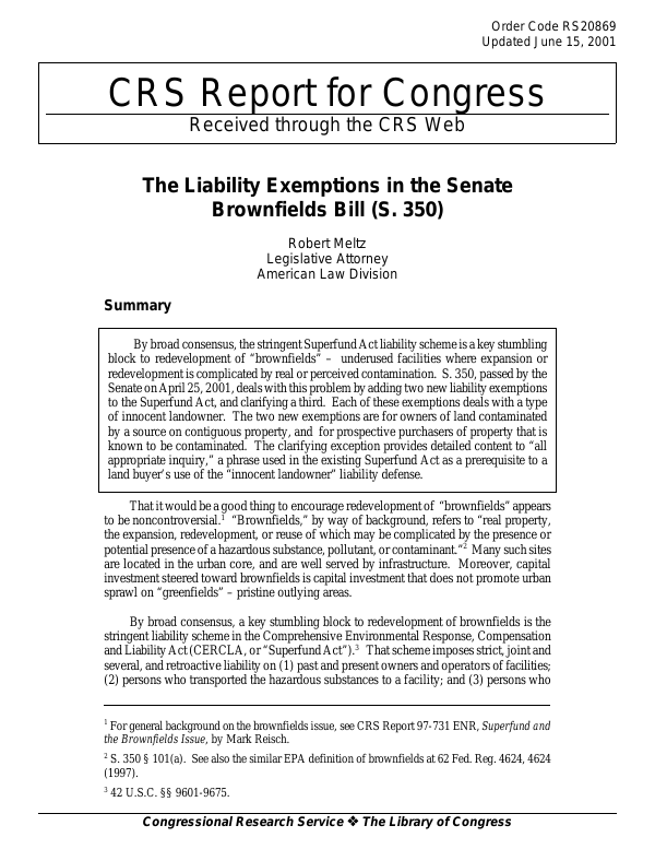 The Liability Exemptions in the Senate Brownfields Bill (S. 350 ...